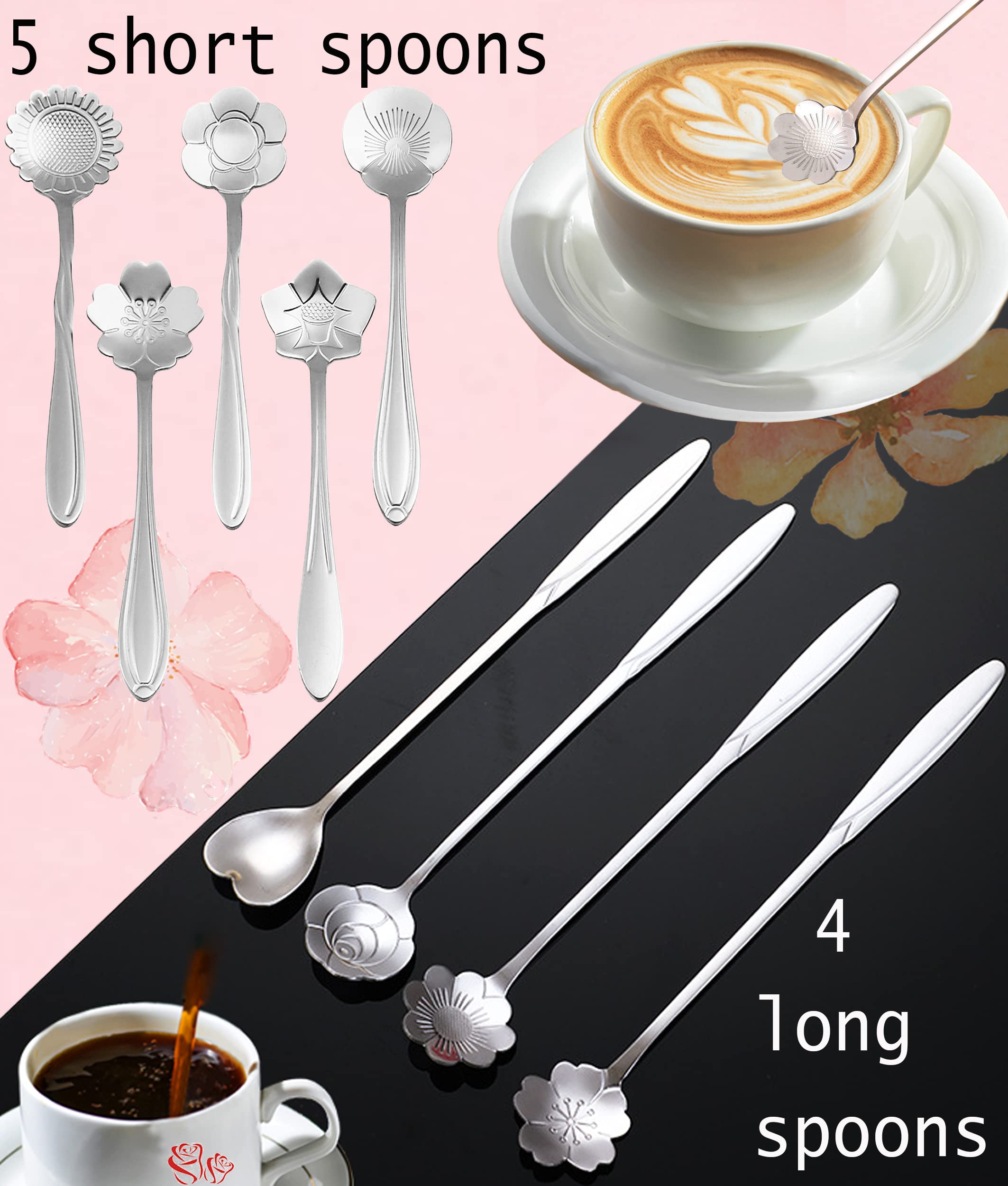 9 Pcs Flower Spoon Coffee Teaspoon Set, ESRISE Stainless Steel Tea Spoon essert Spoon, Cute Demitasse Scoop for Stirring Drink Mixing Milkshake Jam (Silver)