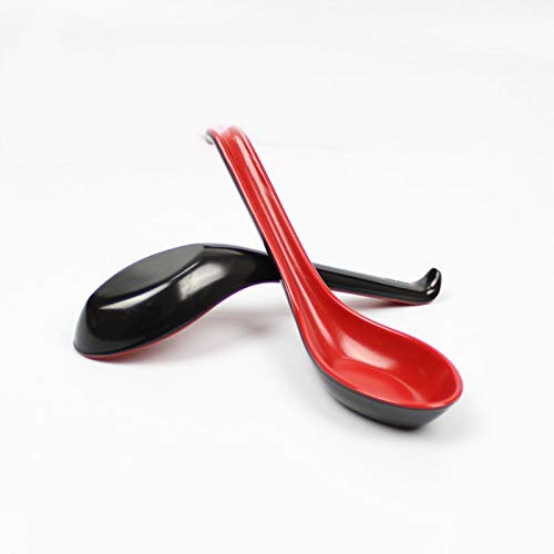 JapanBargain 4623, Set of 2 Soup Spoons wiht Hook Asian Japanese Chinese Wonton Soba Rice Pho Ramen Noodle Soup Spoons, Black/Red Color