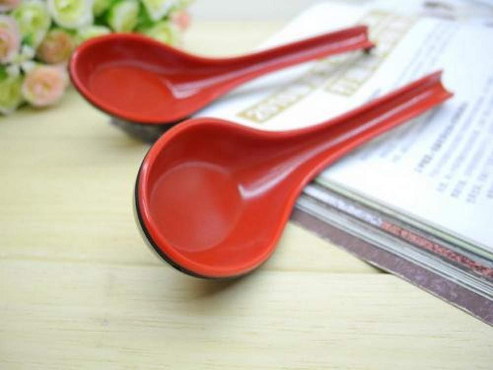 JapanBargain 4623, Set of 2 Soup Spoons wiht Hook Asian Japanese Chinese Wonton Soba Rice Pho Ramen Noodle Soup Spoons, Black/Red Color