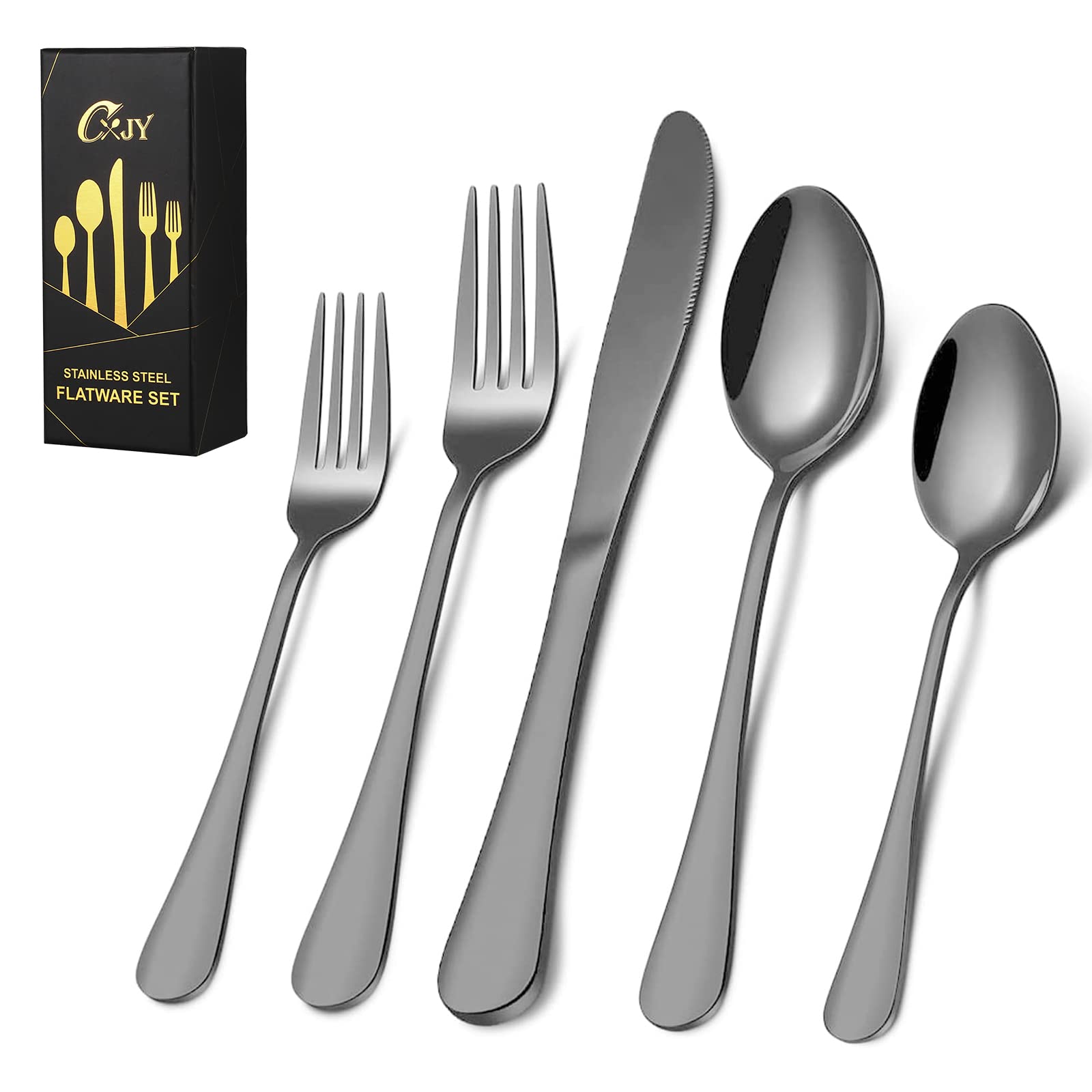 Black Silverware Set for 8, 40 Pieces Stainless Steel Flatware Cutlery Set, Mirror Polished Tableware Kitchen Utensil Set, Include Knives Spoons Forks, Dishwasher Safe (Shiny Black)