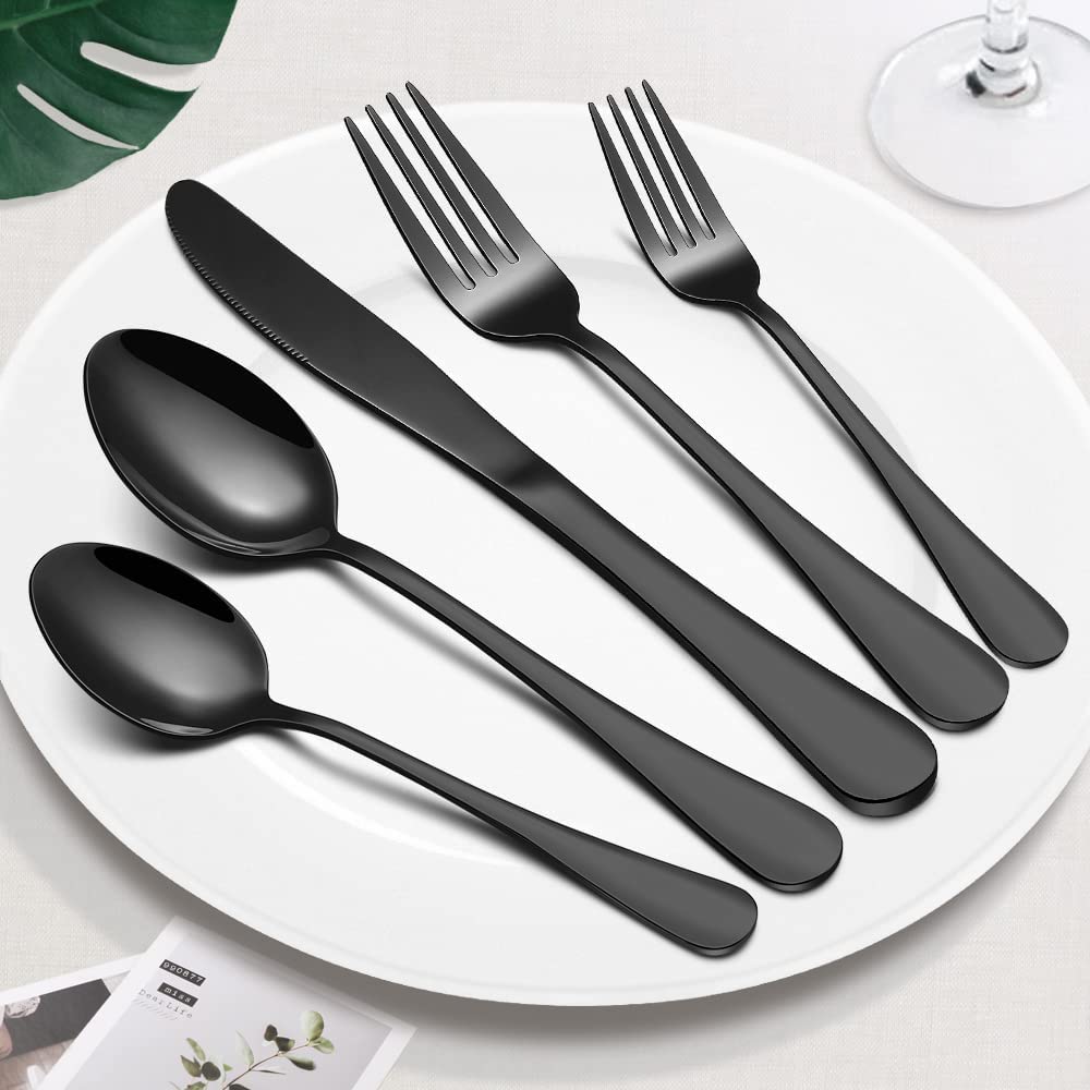 Black Silverware Set for 8, 40 Pieces Stainless Steel Flatware Cutlery Set, Mirror Polished Tableware Kitchen Utensil Set, Include Knives Spoons Forks, Dishwasher Safe (Shiny Black)