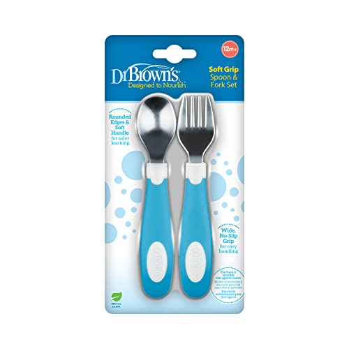 Dr. Brown's Designed to Nourish Soft-Grip Spoon and Fork Set,Blue & White