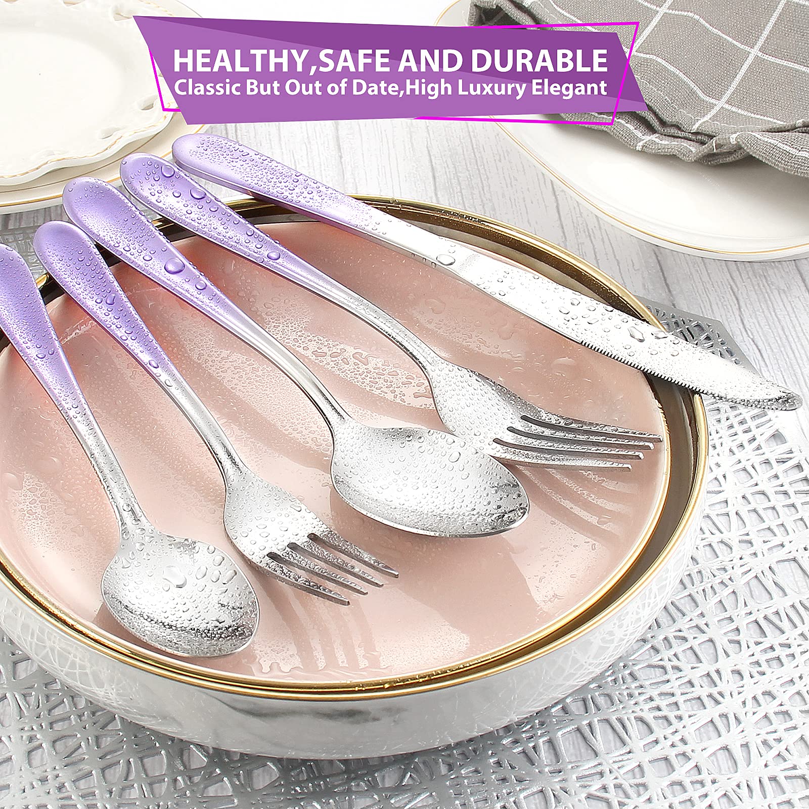 Gradient Purple Silverware,Stainless Steel Flatware Set,20 Piece Tableware Cutlery Set,Mirror Polished Utensils Sets for Kitchen,Reusable Dinnerware Set Service for 4,Dishwasher Safe