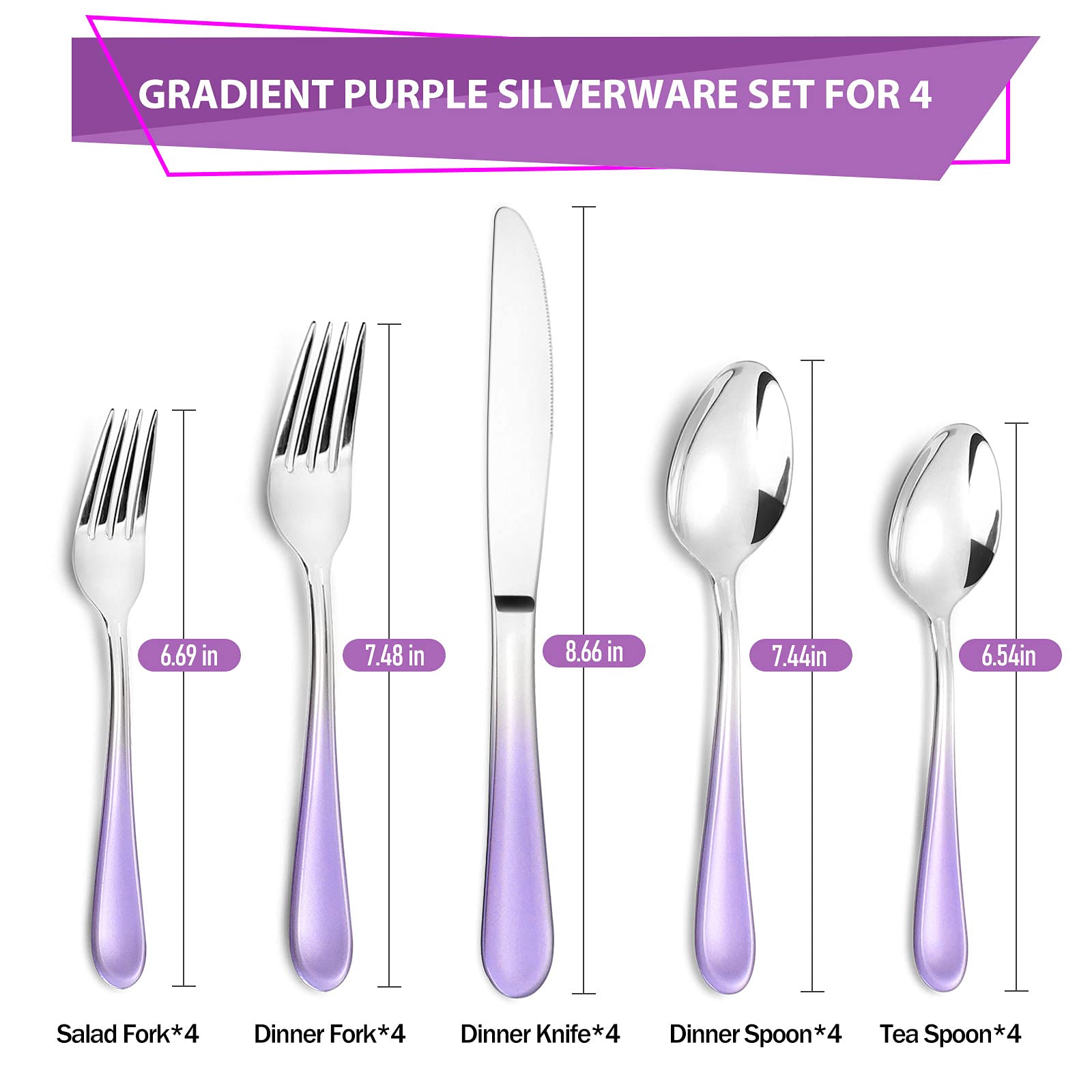 Gradient Purple Silverware,Stainless Steel Flatware Set,20 Piece Tableware Cutlery Set,Mirror Polished Utensils Sets for Kitchen,Reusable Dinnerware Set Service for 4,Dishwasher Safe