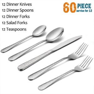 Silverware Set for 12, E-far 60-Piece Hammered Flatware Cutlery Set, Stainless Steel Eating Utensils for Kitchen Hotel Restaurant Party, Modern Design & Mirror Finished - Dishwasher Safe