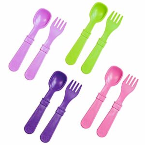 re-play made in usa toddler forks and spoons, pack of 8 without carrying case - 4 kids forks with rounded tips and 4 deep scoop toddler spoons - 0.2" thick toddler utensils, butterfly