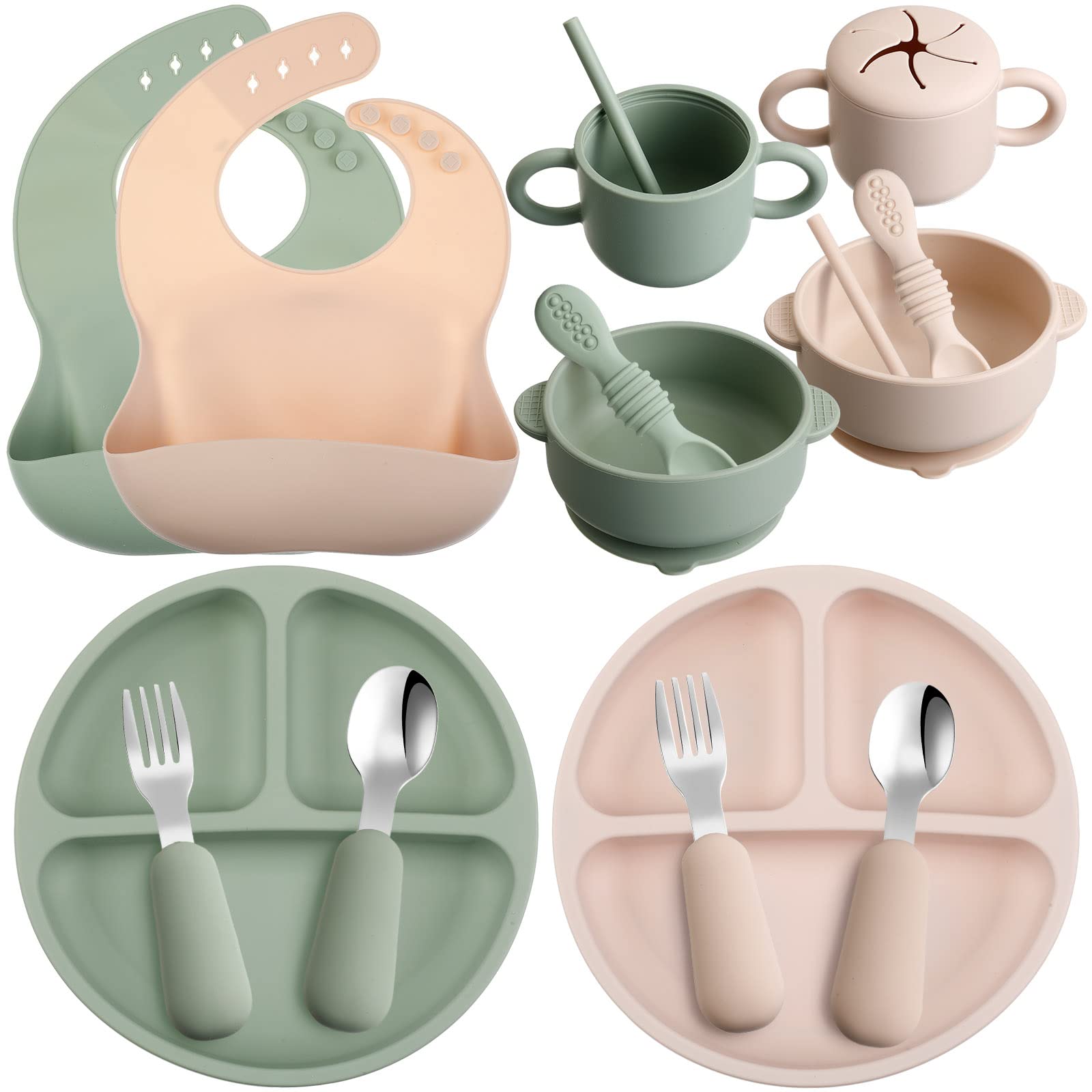 16 Pcs Baby Led Weaning Supplies Silicone Baby Feeding Set Baby Plates with Suction Baby Utensils with Divided Adjustable Bib Bowl Cutlery Snack Cup Spoons Straw 6 Months+ (Military Green, Beige)