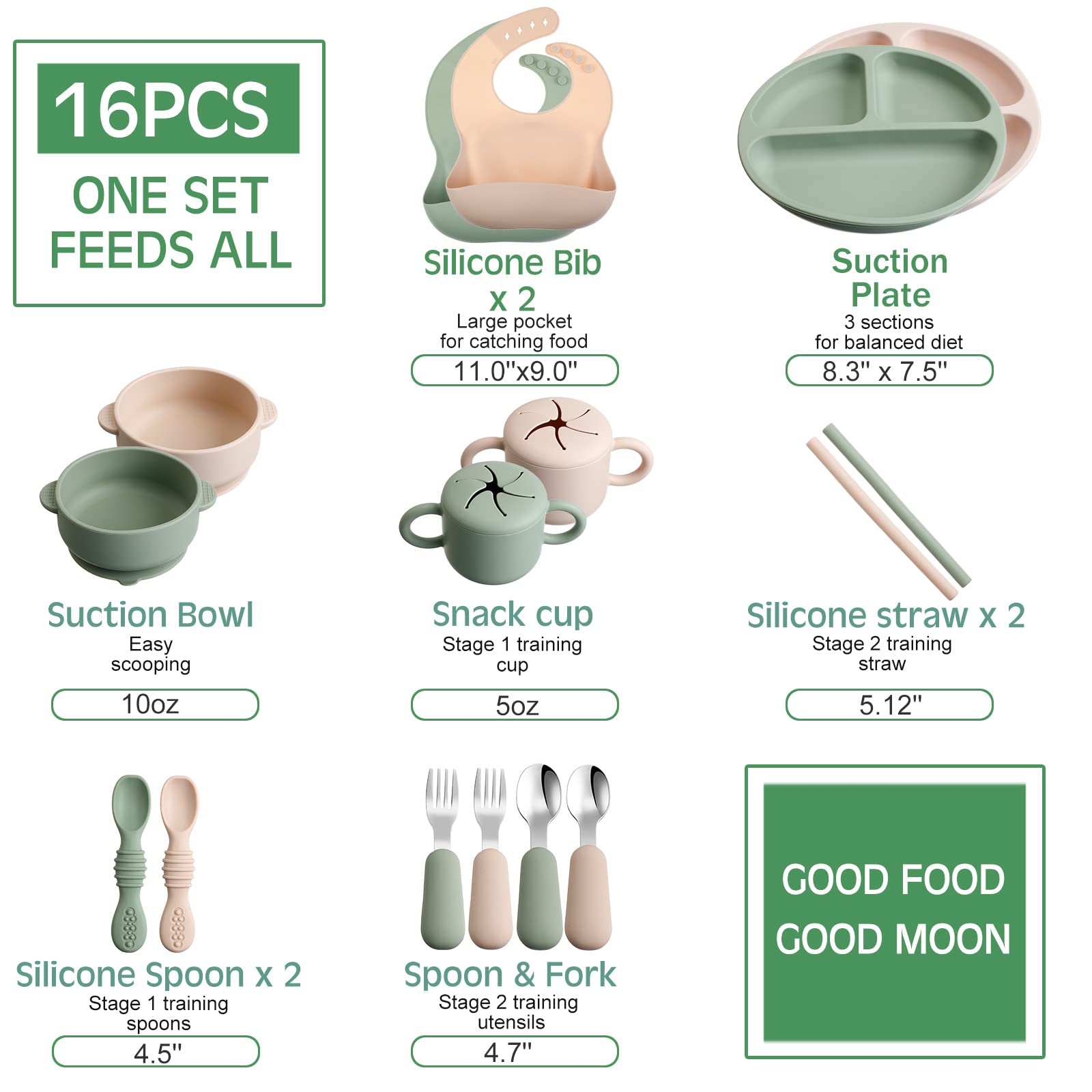 16 Pcs Baby Led Weaning Supplies Silicone Baby Feeding Set Baby Plates with Suction Baby Utensils with Divided Adjustable Bib Bowl Cutlery Snack Cup Spoons Straw 6 Months+ (Military Green, Beige)