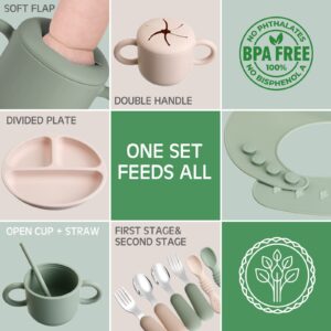 16 Pcs Baby Led Weaning Supplies Silicone Baby Feeding Set Baby Plates with Suction Baby Utensils with Divided Adjustable Bib Bowl Cutlery Snack Cup Spoons Straw 6 Months+ (Military Green, Beige)