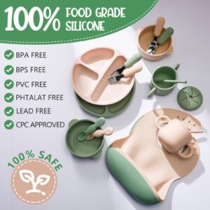 16 Pcs Baby Led Weaning Supplies Silicone Baby Feeding Set Baby Plates with Suction Baby Utensils with Divided Adjustable Bib Bowl Cutlery Snack Cup Spoons Straw 6 Months+ (Military Green, Beige)