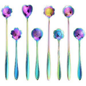 selftek 8pcs rainbow flower spoon set, 2 different size colorful stainless steel reusable teaspoons coffee sugar stirring spoon dessert cake spoons tea scoops table spoon mixing spoon ice tea spoon