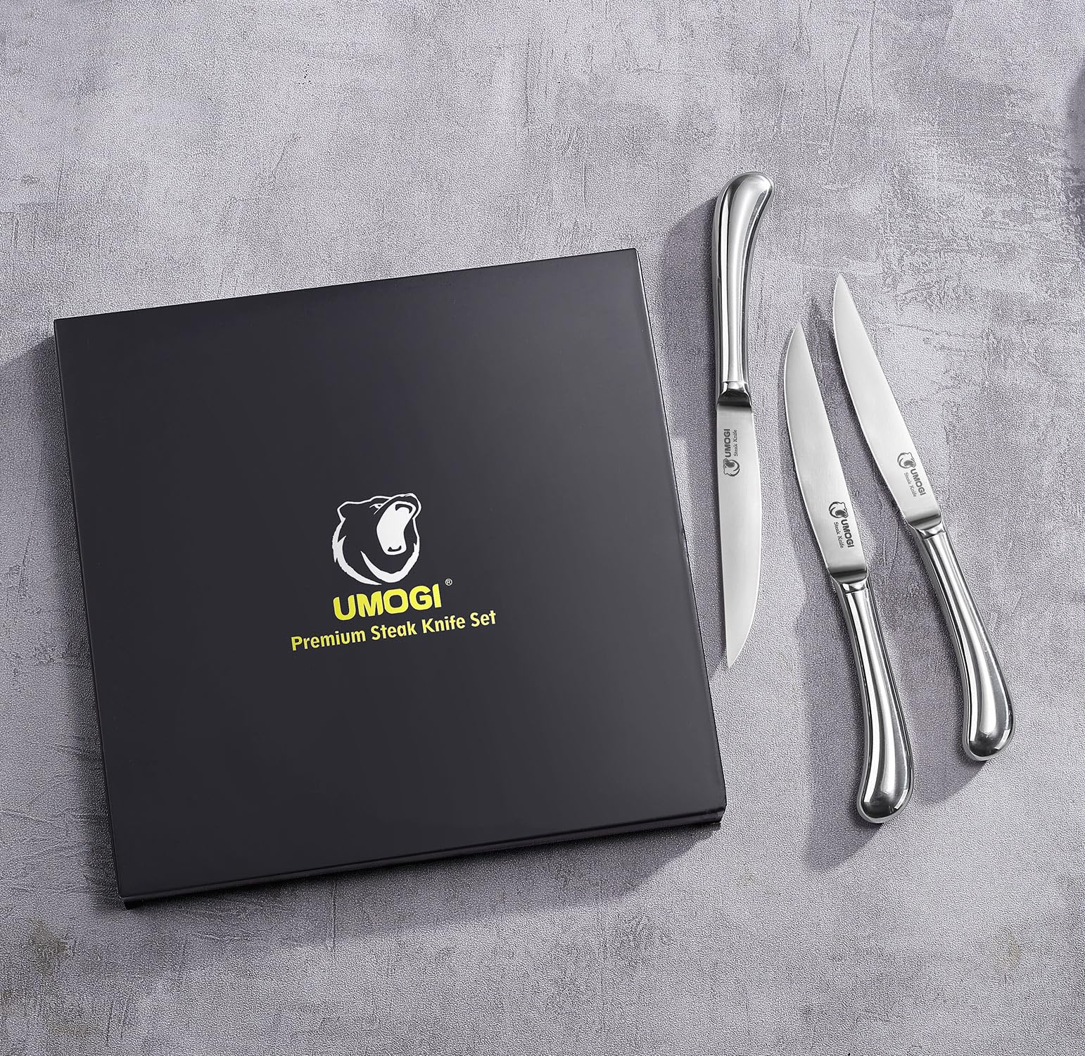 Steak Knives Set of 6 - Premium Stainless Steel, Dishwasher Safe - Polished Shiny Blade & Handle, Straight Edge - Kitchen Table Knife Set 4.5 Inch Dinner Knives Non Serrated UMOGI