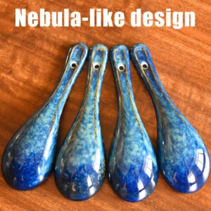 BOEEA 4 Pieces Soup Spoon Set, Asian Soup Spoon, Long Handle Ceramic Soup Spoons, Retro Blue Ramen Bowl Soup Spoon Suitable for Soup, Dumplings, Gravy, Cake, Oatmeal