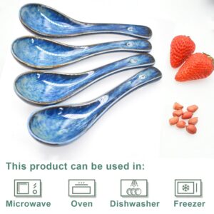 BOEEA 4 Pieces Soup Spoon Set, Asian Soup Spoon, Long Handle Ceramic Soup Spoons, Retro Blue Ramen Bowl Soup Spoon Suitable for Soup, Dumplings, Gravy, Cake, Oatmeal