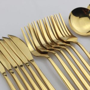 JANKNG 24-Piece Flatware Set, 18/0 Stainless Steel Knife Fork Spoon Teaspoon Silverware Set, Service for 6, MIrror Gold