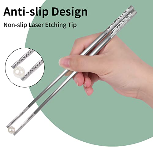 6 Pairs Reusable Metal Chopsticks Stainless Steel Chopsticks Dishwasher Safe Laser Etched Square Non-slip Chop Sticks Korean Japanese Chinese Stainless Steel Metal Chopsticks (Matte Silver, 9.2in)