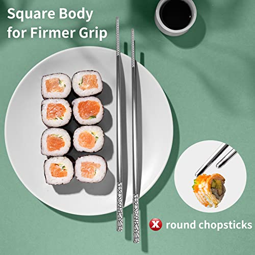 6 Pairs Reusable Metal Chopsticks Stainless Steel Chopsticks Dishwasher Safe Laser Etched Square Non-slip Chop Sticks Korean Japanese Chinese Stainless Steel Metal Chopsticks (Matte Silver, 9.2in)