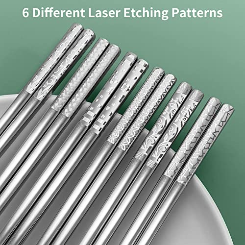 6 Pairs Reusable Metal Chopsticks Stainless Steel Chopsticks Dishwasher Safe Laser Etched Square Non-slip Chop Sticks Korean Japanese Chinese Stainless Steel Metal Chopsticks (Matte Silver, 9.2in)