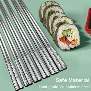 6 Pairs Reusable Metal Chopsticks Stainless Steel Chopsticks Dishwasher Safe Laser Etched Square Non-slip Chop Sticks Korean Japanese Chinese Stainless Steel Metal Chopsticks (Matte Silver, 9.2in)