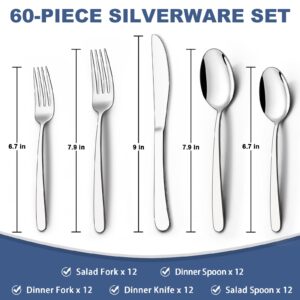 60-Piece Silverware Set for 12, Wildone Premium Stainless Steel Flatware Set, Heavy Duty Cutlery Utensil Set for Home Restaurant, Include Fork Knife Spoon Set, Dishwasher Safe