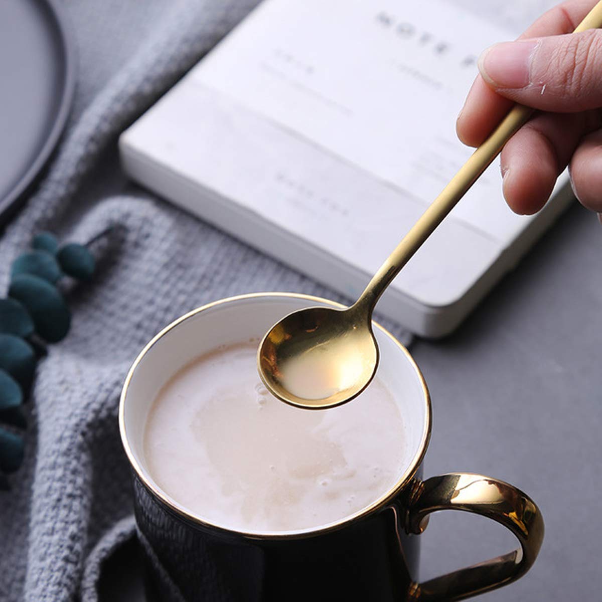 6 Pcs Coffee Spoons Stainless Steel Tea Spoons Round Dessert Spoons Long Handle Spoons for Hot Chocolate Ice Tea Latte Dessert Espresso Golden