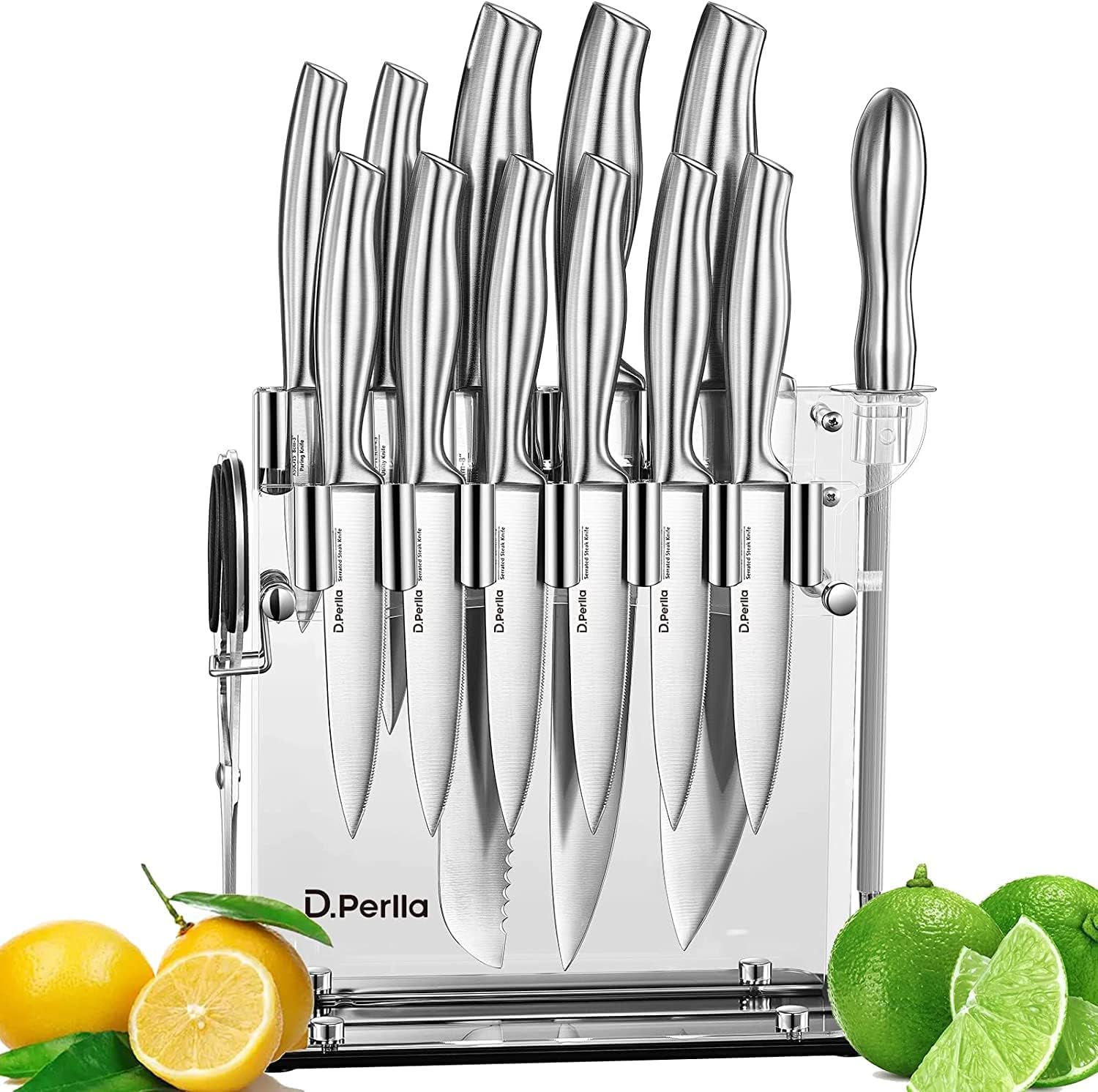 D.Perlla Knife Set, 14 Pieces Kitchen Knife Set with Clear Acrylic Knife Holder, Stainless Steel Super Sharp Chef Knife with Hollow Handle in One Piece Design