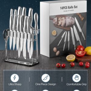 D.Perlla Knife Set, 14 Pieces Kitchen Knife Set with Clear Acrylic Knife Holder, Stainless Steel Super Sharp Chef Knife with Hollow Handle in One Piece Design