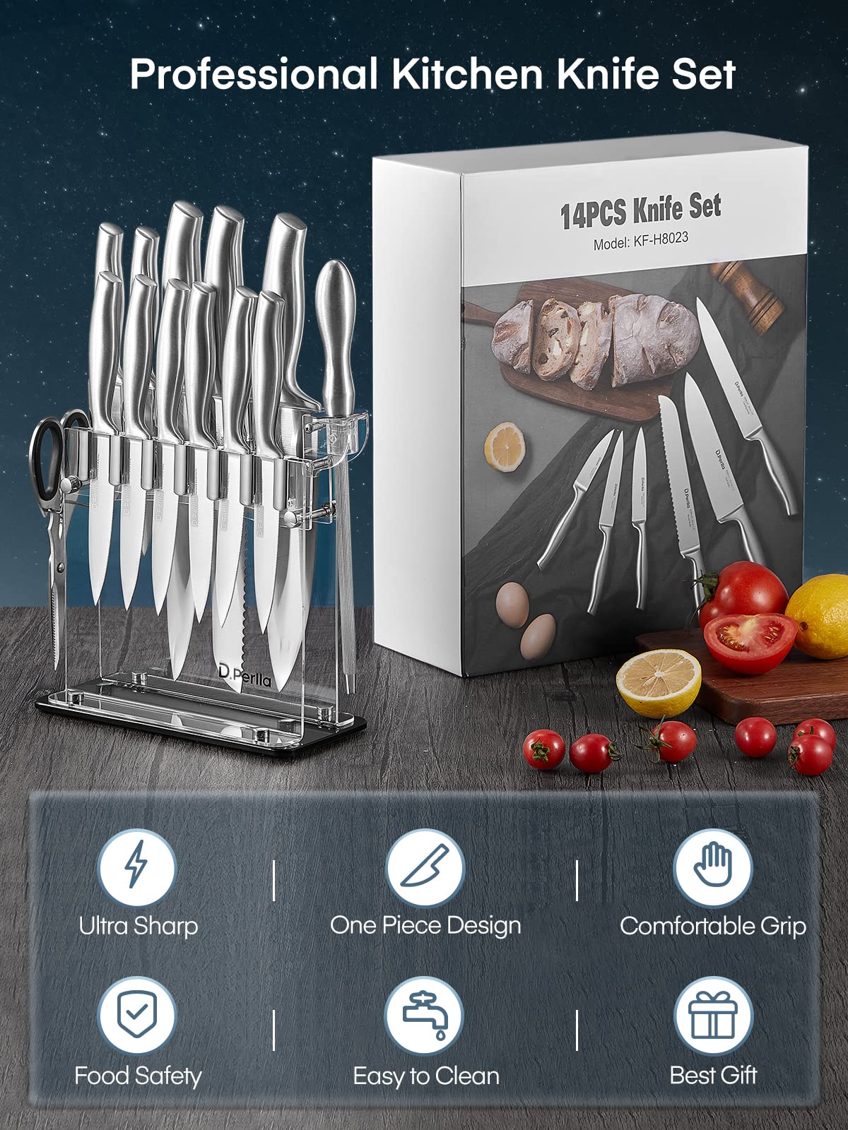 D.Perlla Knife Set, 14 Pieces Kitchen Knife Set with Clear Acrylic Knife Holder, Stainless Steel Super Sharp Chef Knife with Hollow Handle in One Piece Design