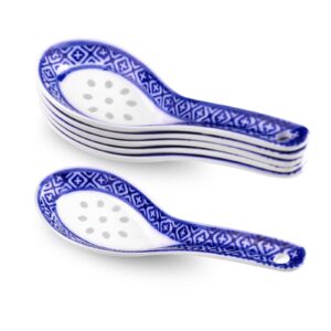 slixuhay 6pcs chinese soup spoons, ceramic asian soup spoons for ramen pho wonton dumpling noodles (blue and white)