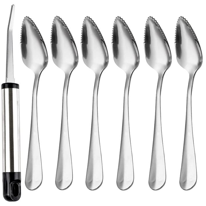 WXJ13 7 PCS Grapefruit Spoons and Grapefruit Knife, Stainless Steel Grapefruit Dessert Spoon Serrated Grapefruit Utensils Tools for Citrus Fruits Kiwi Lemon Desserts Salads