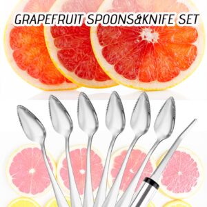 WXJ13 7 PCS Grapefruit Spoons and Grapefruit Knife, Stainless Steel Grapefruit Dessert Spoon Serrated Grapefruit Utensils Tools for Citrus Fruits Kiwi Lemon Desserts Salads