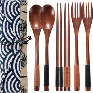 2 Sets Wooden Flatware Wooden Fork and Spoon Chopsticks Reusable Tableware Cutlery Set Travel Utensils Tied Line Flatware, Eating Utensils with Pouch for Office Camping Traveling