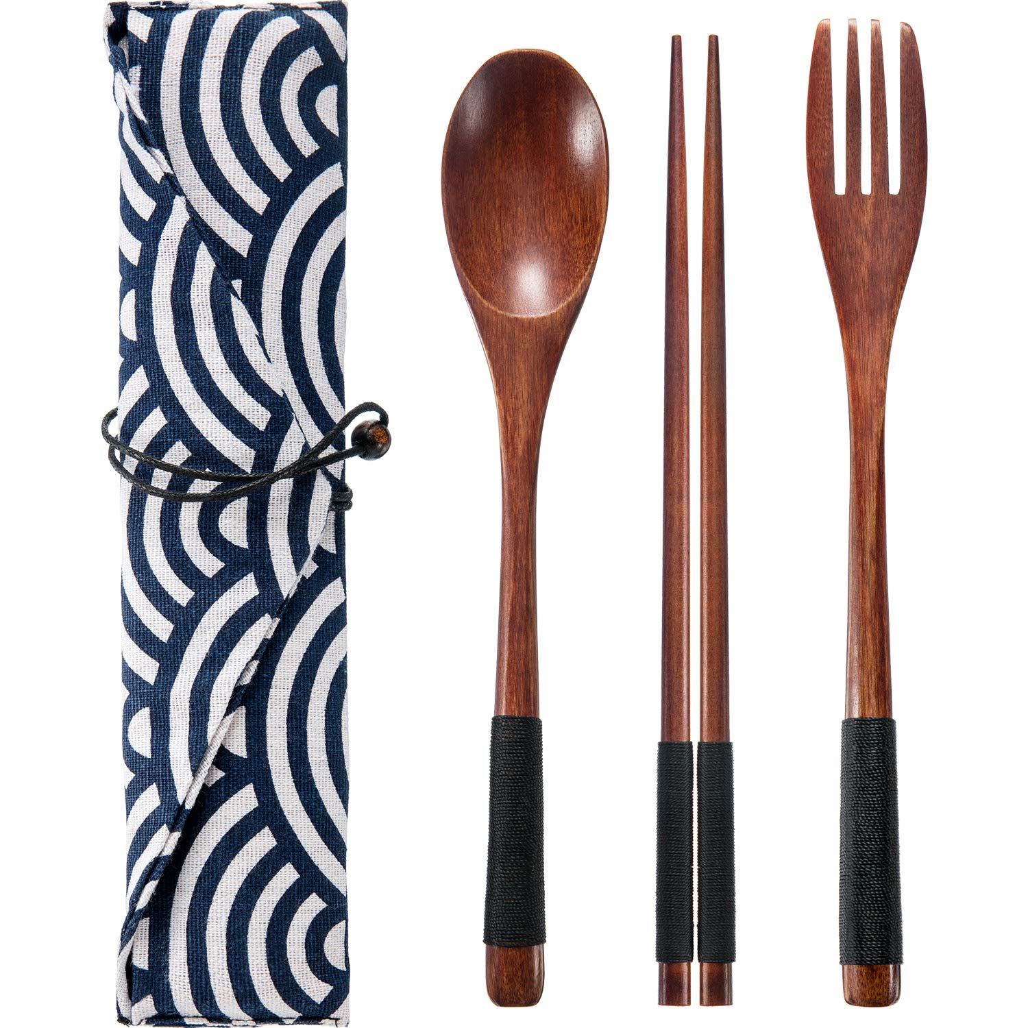 2 Sets Wooden Flatware Wooden Fork and Spoon Chopsticks Reusable Tableware Cutlery Set Travel Utensils Tied Line Flatware, Eating Utensils with Pouch for Office Camping Traveling