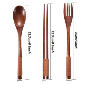 2 Sets Wooden Flatware Wooden Fork and Spoon Chopsticks Reusable Tableware Cutlery Set Travel Utensils Tied Line Flatware, Eating Utensils with Pouch for Office Camping Traveling