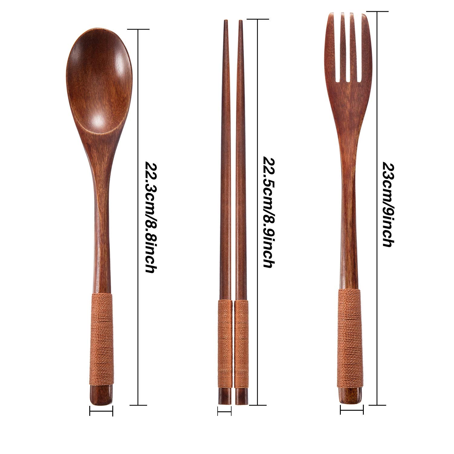 2 Sets Wooden Flatware Wooden Fork and Spoon Chopsticks Reusable Tableware Cutlery Set Travel Utensils Tied Line Flatware, Eating Utensils with Pouch for Office Camping Traveling