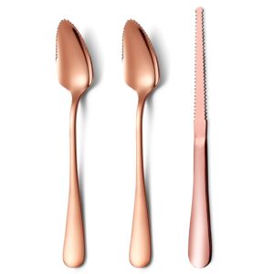 homquen rose gold grapefruit spoons 3 pieces set, 2 stainless steel grapefruit spoon and 1 grapefruit knife with titanium plating, grapefruit utensil set, serrated edges spoon pack of 3