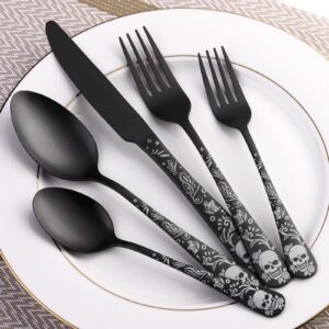 SANLUNS 40 Piece Skull Pattern Matte Silverware Set for 8, Black Flatware set Service for 8,Gothic Unique Skull Pattern Design,18/0 Stainless,Satin Finish Cutlery for 8,Dishwasher Safe