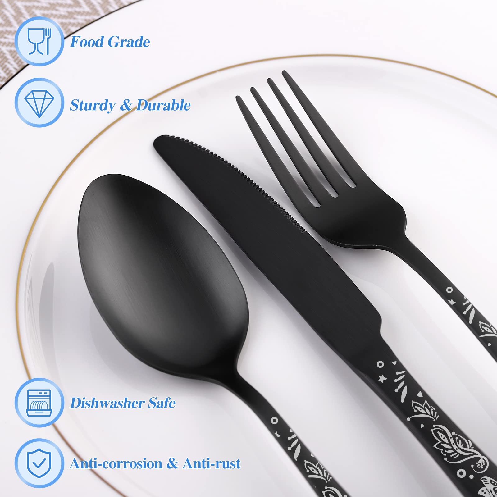 SANLUNS 40 Piece Skull Pattern Matte Silverware Set for 8, Black Flatware set Service for 8,Gothic Unique Skull Pattern Design,18/0 Stainless,Satin Finish Cutlery for 8,Dishwasher Safe