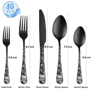 SANLUNS 40 Piece Skull Pattern Matte Silverware Set for 8, Black Flatware set Service for 8,Gothic Unique Skull Pattern Design,18/0 Stainless,Satin Finish Cutlery for 8,Dishwasher Safe