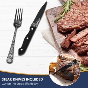 EUIRIO 24-Piece Black Silverware Set with Steak Knives, Black Flatware Set for 4, Stainless Steel Mirror Cutlery Set, Spoons Forks Knives Set with Unique Floral Laser, Eating Utensils, Dishwasher Safe