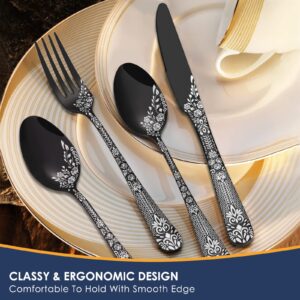 EUIRIO 24-Piece Black Silverware Set with Steak Knives, Black Flatware Set for 4, Stainless Steel Mirror Cutlery Set, Spoons Forks Knives Set with Unique Floral Laser, Eating Utensils, Dishwasher Safe