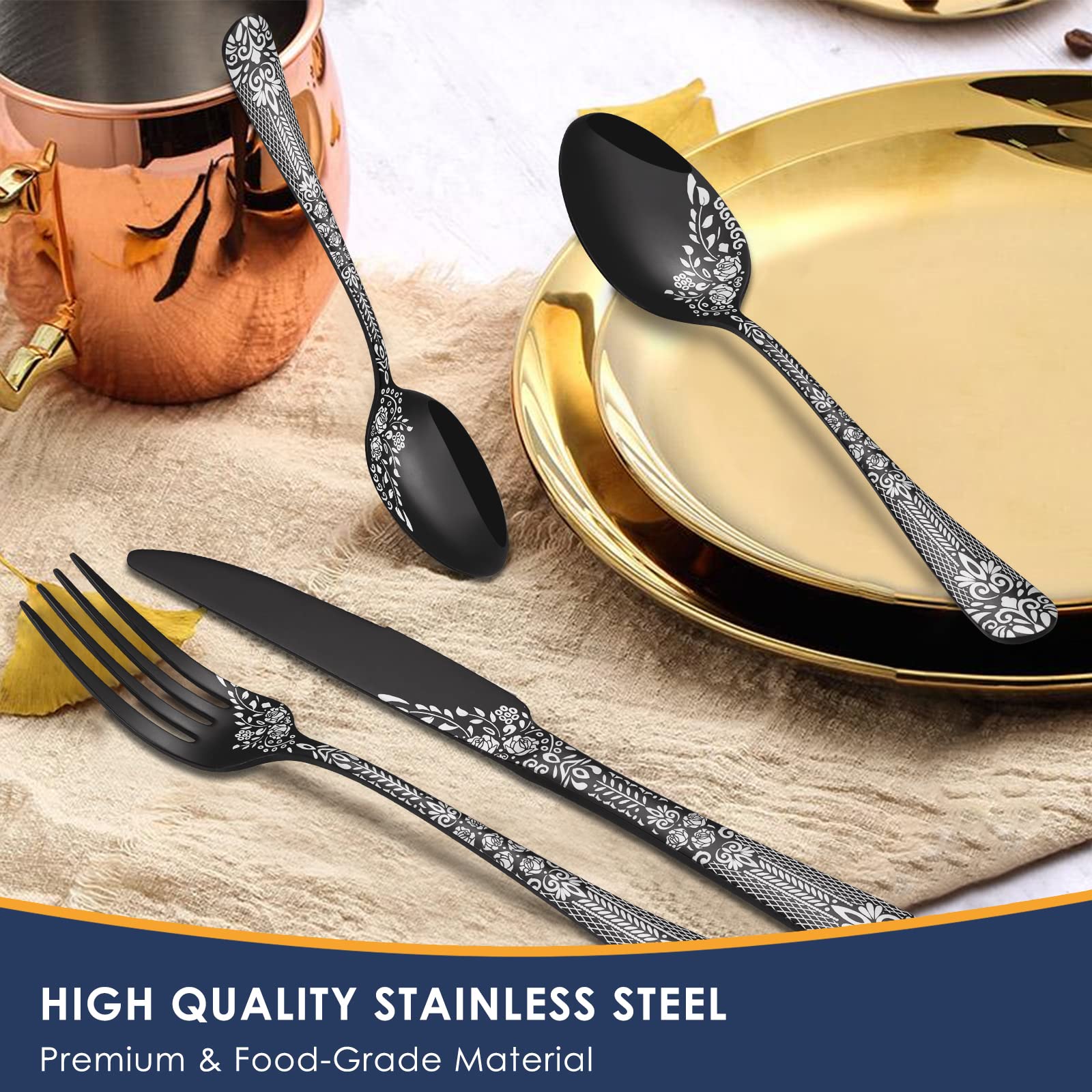 EUIRIO 24-Piece Black Silverware Set with Steak Knives, Black Flatware Set for 4, Stainless Steel Mirror Cutlery Set, Spoons Forks Knives Set with Unique Floral Laser, Eating Utensils, Dishwasher Safe