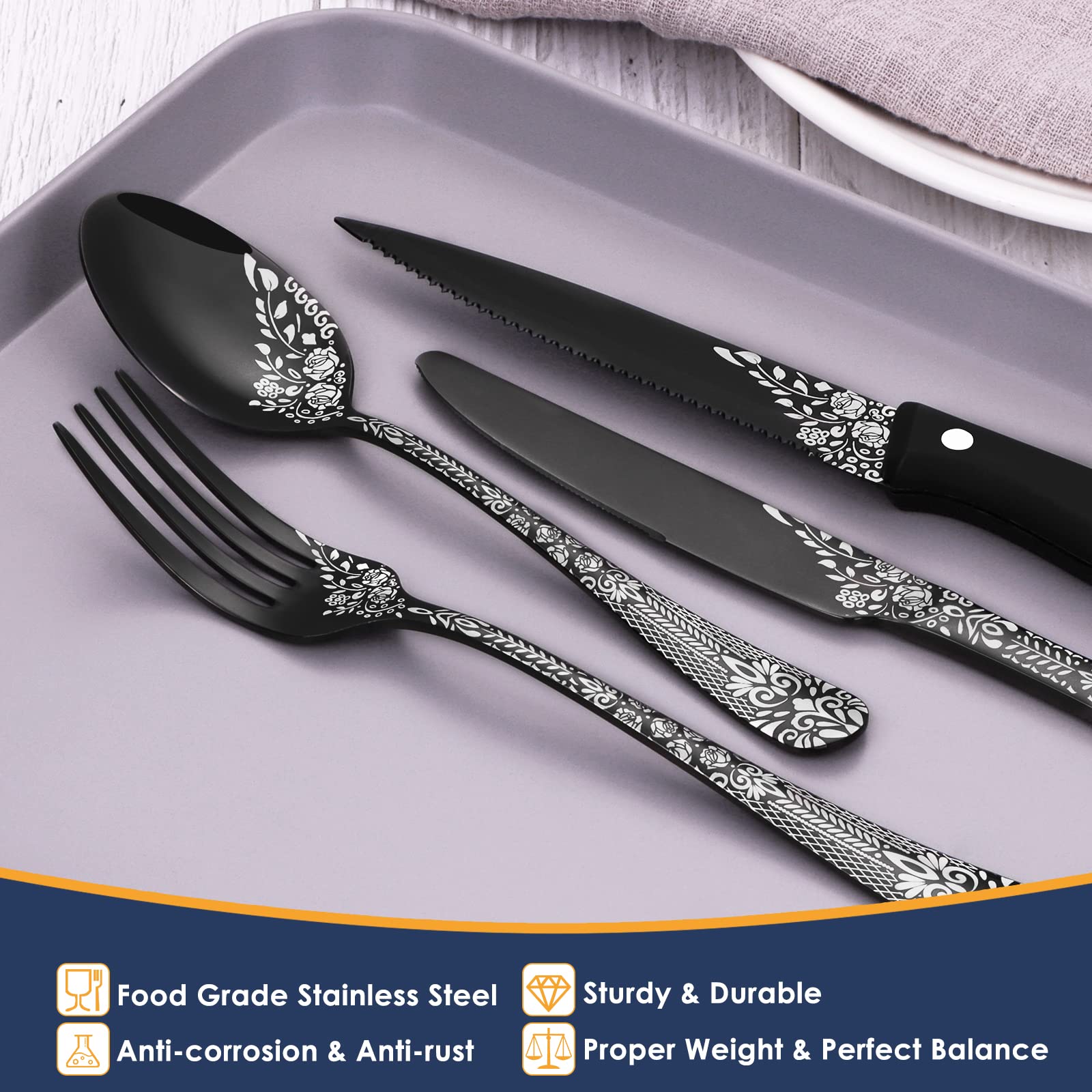 EUIRIO 24-Piece Black Silverware Set with Steak Knives, Black Flatware Set for 4, Stainless Steel Mirror Cutlery Set, Spoons Forks Knives Set with Unique Floral Laser, Eating Utensils, Dishwasher Safe