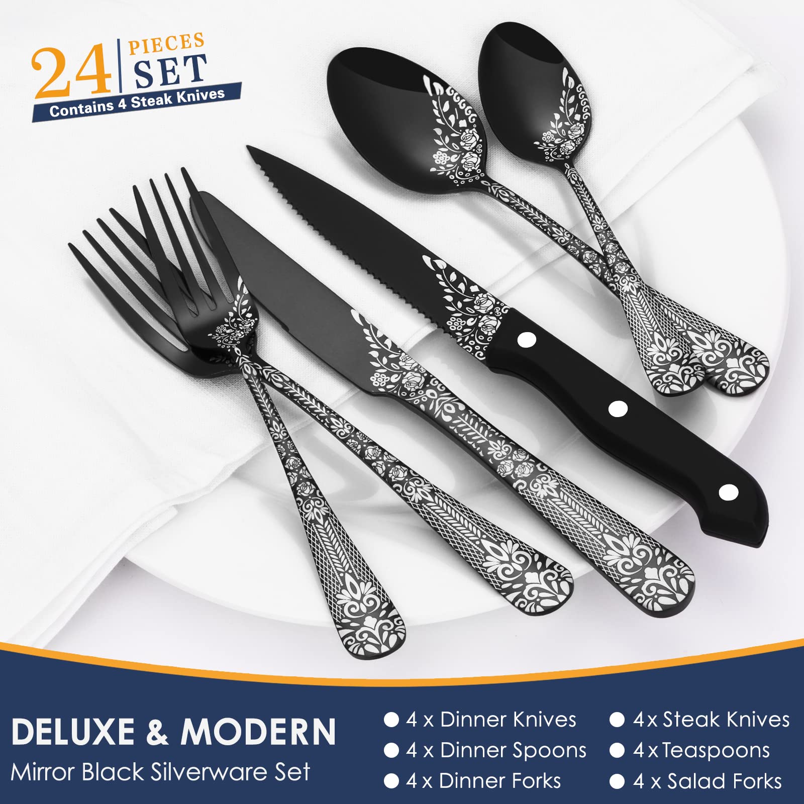 EUIRIO 24-Piece Black Silverware Set with Steak Knives, Black Flatware Set for 4, Stainless Steel Mirror Cutlery Set, Spoons Forks Knives Set with Unique Floral Laser, Eating Utensils, Dishwasher Safe