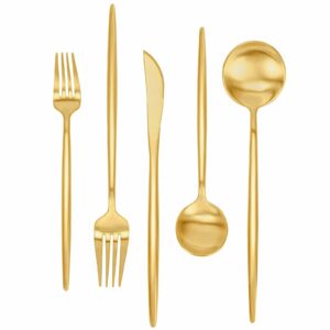 matte gold silverware set 30 pieces, fameware stainless steel flatware set，service for 6，kitchen utensil set, tableware cutlery set, satin finished polished & dishwasher safe