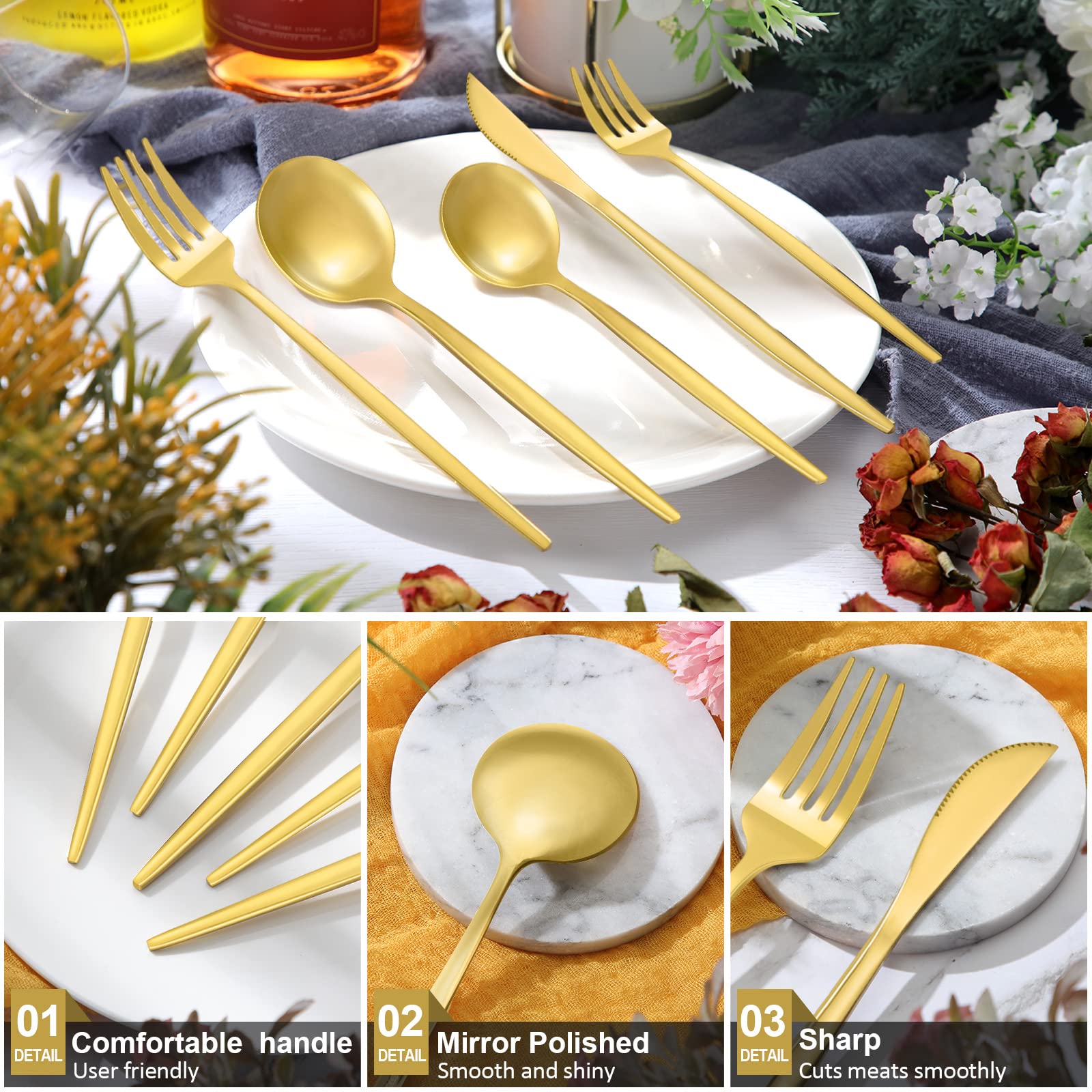 60 Pieces Stainless Steel Tableware Set Silverware Set Flatware Cutlery Set Utensils Set Spoon Fork Knives Set Service for 12 for Home Restaurant Apartment and Kitchens (Gold)