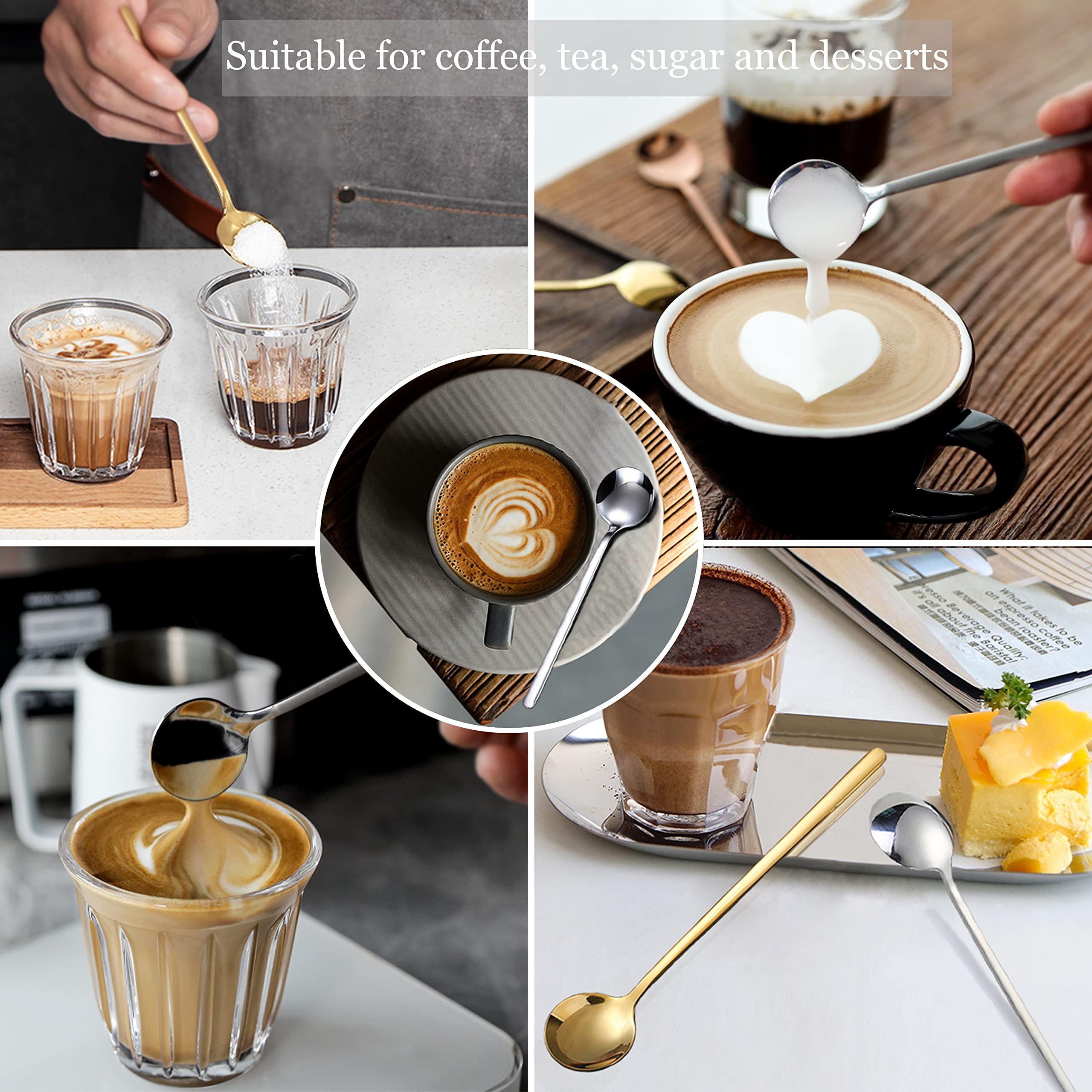 9 PCS Coffee Spoons Espresso Teaspoon, PBIEHSR Stainless Steel Tea Spoon Two Different Lengths Dessert Spoons for Stirring Drink Mixing Milkshake (Gold)