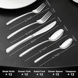 60-Piece Silverware Sets for 12, CEKEE Stainless Steel Heavy Duty Flatware Sets, Cutlery Set Utensil Sets for Home Hotel Includes Spoons and Forks Knife, Mirror Polished & Dishwasher Safe