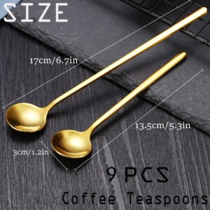 9 PCS Coffee Spoons Espresso Teaspoon, PBIEHSR Stainless Steel Tea Spoon Two Different Lengths Dessert Spoons for Stirring Drink Mixing Milkshake (Gold)