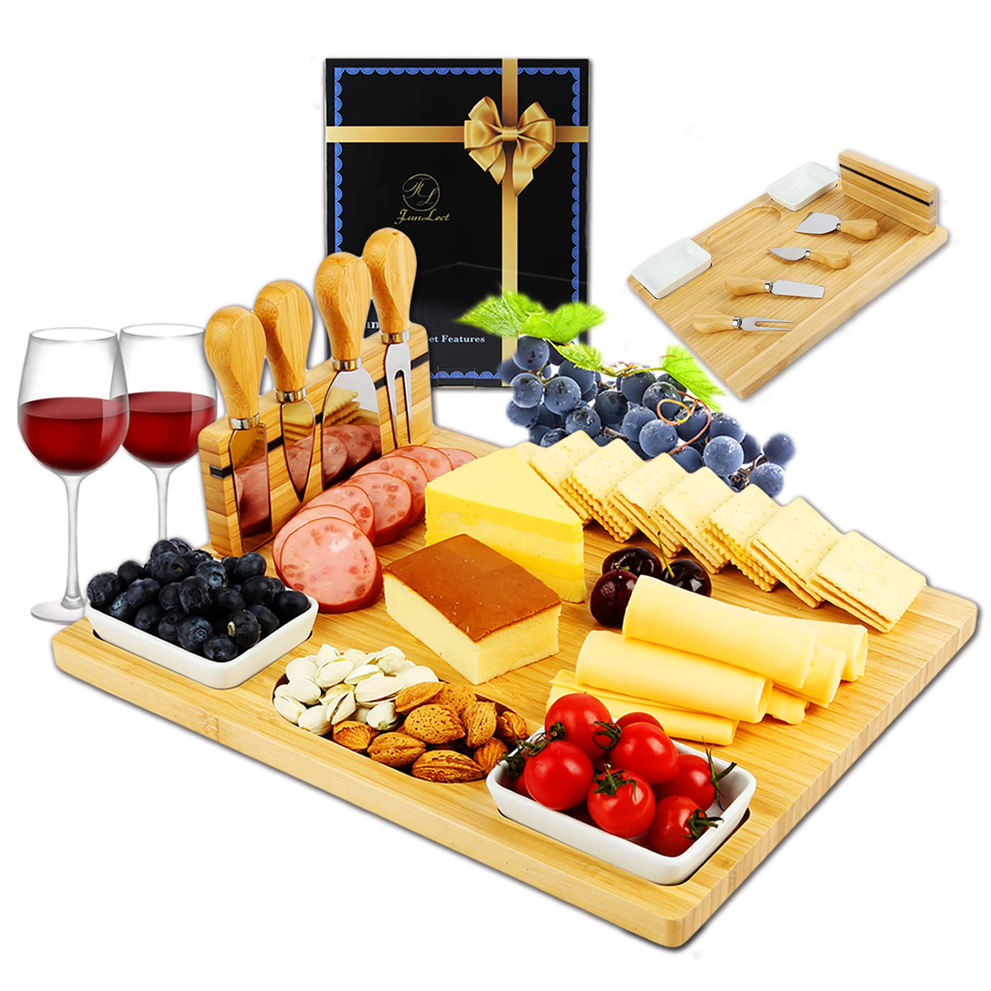 FunLect Bamboo Cheese Board Set – Serving Tray and Cheese Serving Platter. Rectangular Cheese Board and Knife Set for Cracker and Brie. Large Charcuterie Board and Cheese Tray for Housewarming Gift